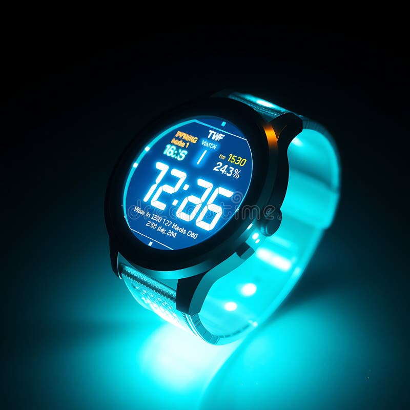 A Glowing Digital Wristwatch Displaying Holographic Data Stock ...