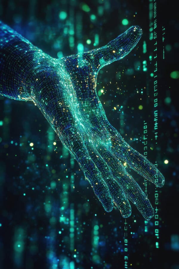 Futuristic Digital Hand in Glowing Blue Matrix with Abstract Design ...