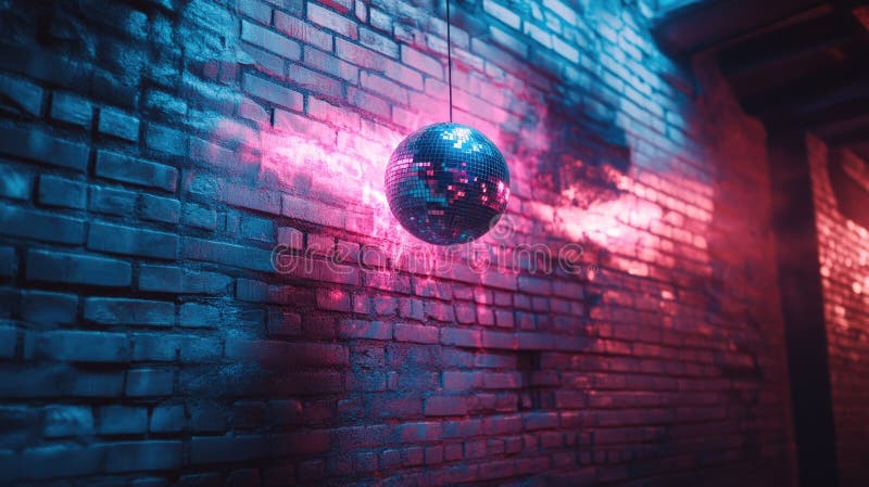 Glowing Disco Ball with Pink and Blue Light Effects Against Brick Wall ...