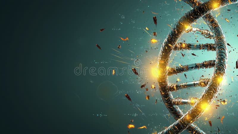 Glowing DNA Double Helix with Golden Particles on Dark Teal Background ...