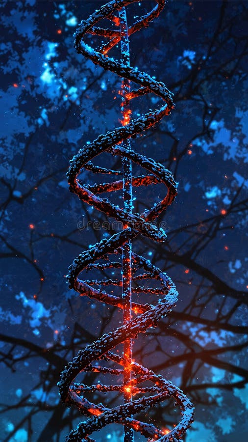 A Glowing DNA Double Helix in Red and Blue Colors on a Dark, Starry ...