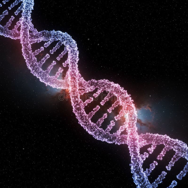 Glowing DNA Helix in Cosmic Nebula Background Stock Illustration ...