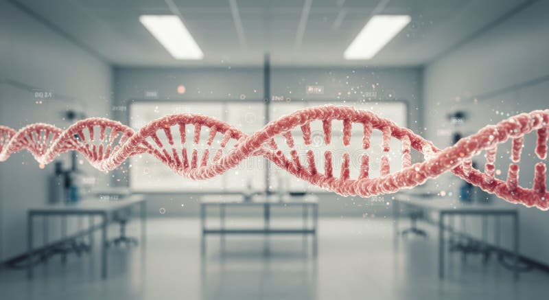 Glowing DNA Helix Floating in a Modern Laboratory, Surrounded by ...