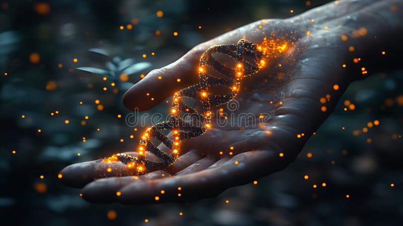 Glowing DNA Helix in Hand, Dark Forest, Genetic Research Stock ...