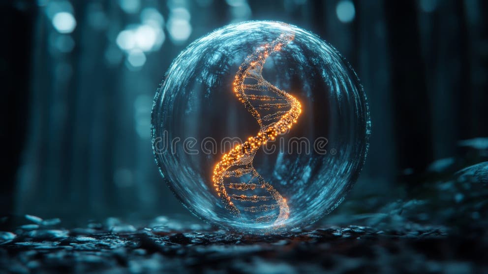 Glowing DNA Helix Inside Crystal Sphere in Forest Stock Photo - Image ...