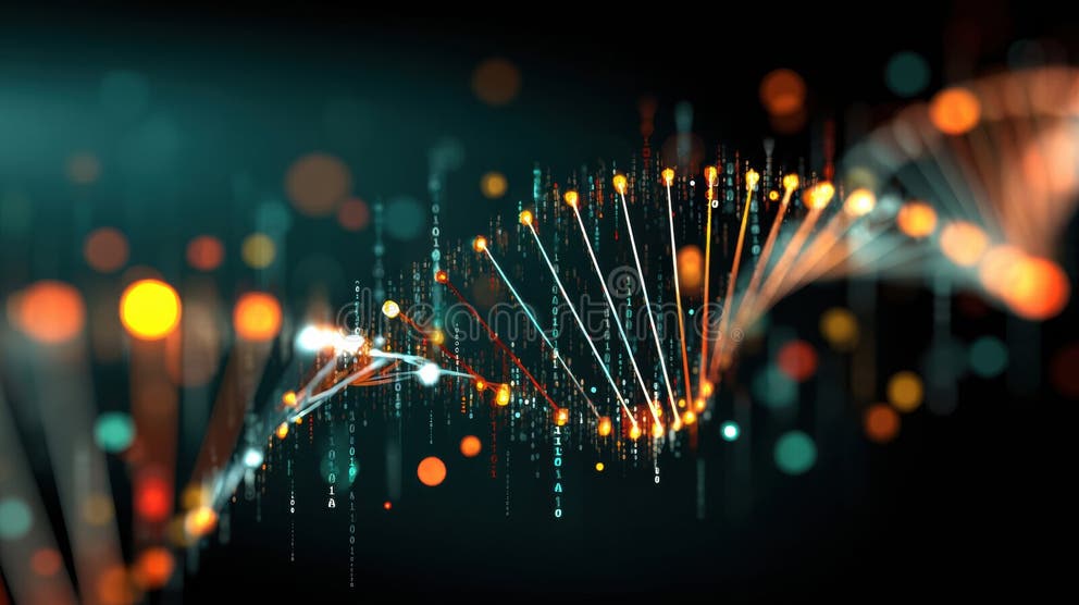 Digital DNA Helix Created with Vibrant Lights and Binary Code Showcasing the Intersection of ...
