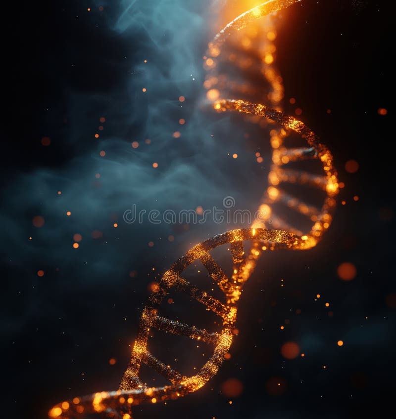 Glowing DNA Helix with Sparkling Particles in Dark Background Stock ...