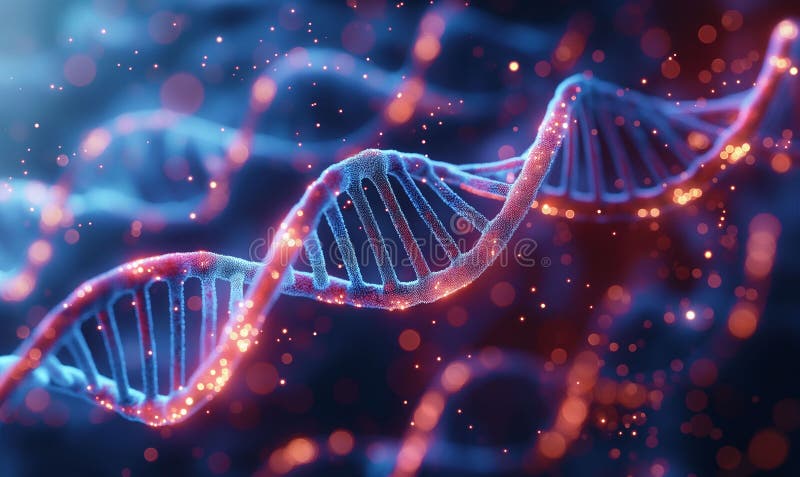 Glowing DNA Helix Structure Amidst Floating Red Particles in a ...