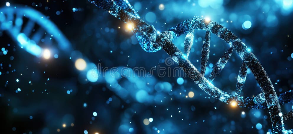 Glowing DNA Helix Structure with Blue Particles and Light Effects Stock ...