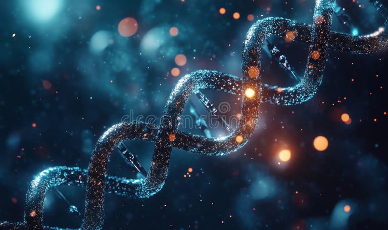 Glowing DNA Helix Structure with Sparkling Particles and Blue ...