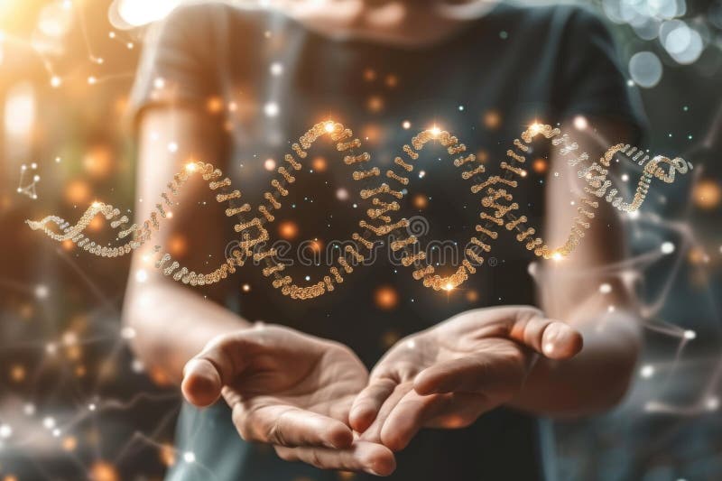 Glowing DNA Sequence in Human Hands, Depicting Biotechnology and ...