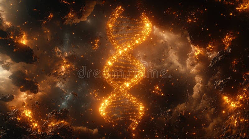 Glowing Dna Strand Amidst Cosmic Fire and Cloudy Space Background Stock ...
