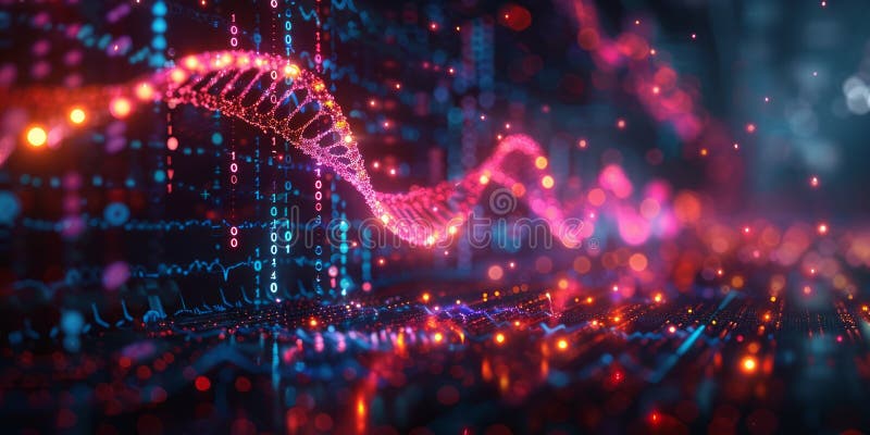 Glowing DNA Strand Floating Amidst Vibrant Digital Data Streams ...