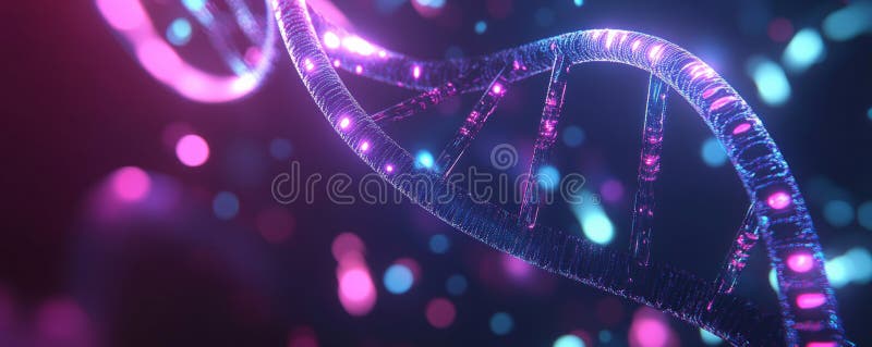 A Glowing DNA Strand Made of Bright Neon Light, Floating Against a Dark ...
