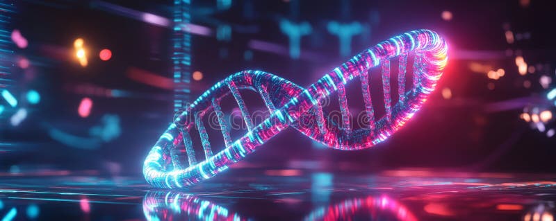 A Glowing DNA Strand Made of Bright Neon Light, Floating Against a Dark ...