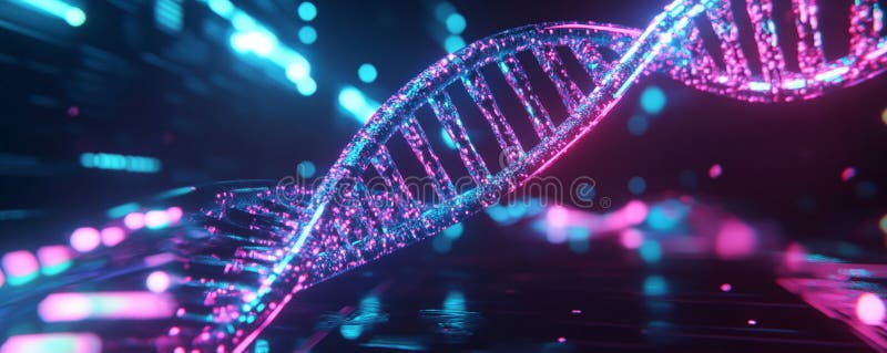 A Glowing DNA Strand Made of Bright Neon Light, Floating Against a Dark ...