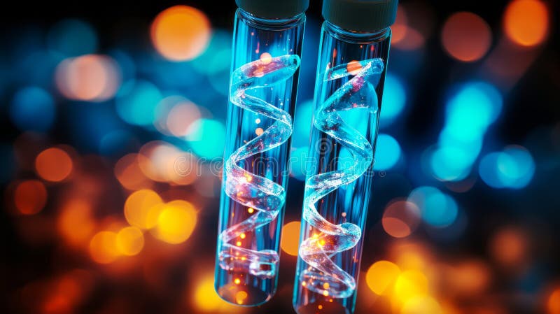 Glowing DNA Strands in Test Tubes with Blue Light Reflection Concept of ...
