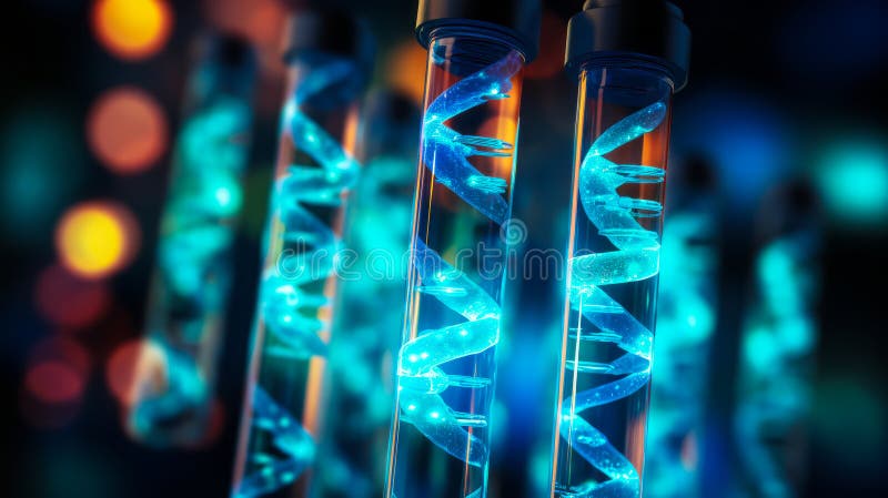 Glowing DNA Strands in Test Tubes with Blue Light Reflection Concept of ...