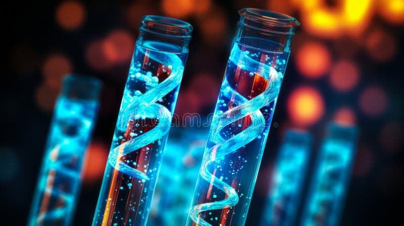 Glowing DNA Strands in Test Tubes with Blue Light Reflection Concept of ...