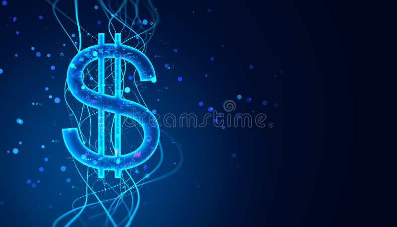Glowing Dollar Sign with Abstract Digital Elements on Dark Background ...
