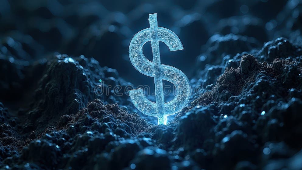 Glowing Dollar Sign in Mysterious Dark Landscape with Abstract Textures ...
