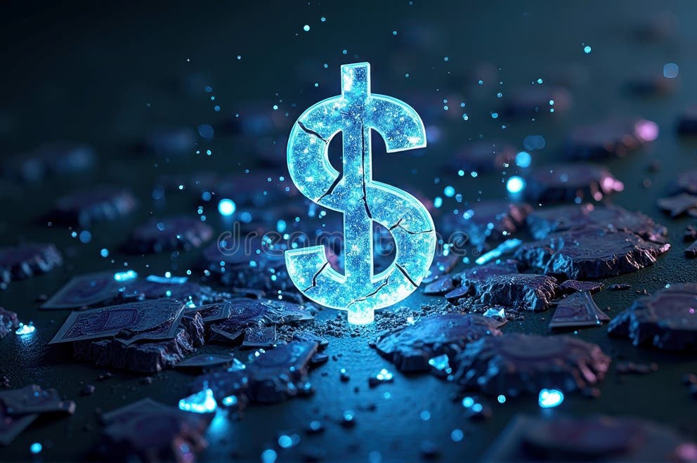 Glowing Dollar Sign Surrounded by Currency and Particles in Dim Light ...