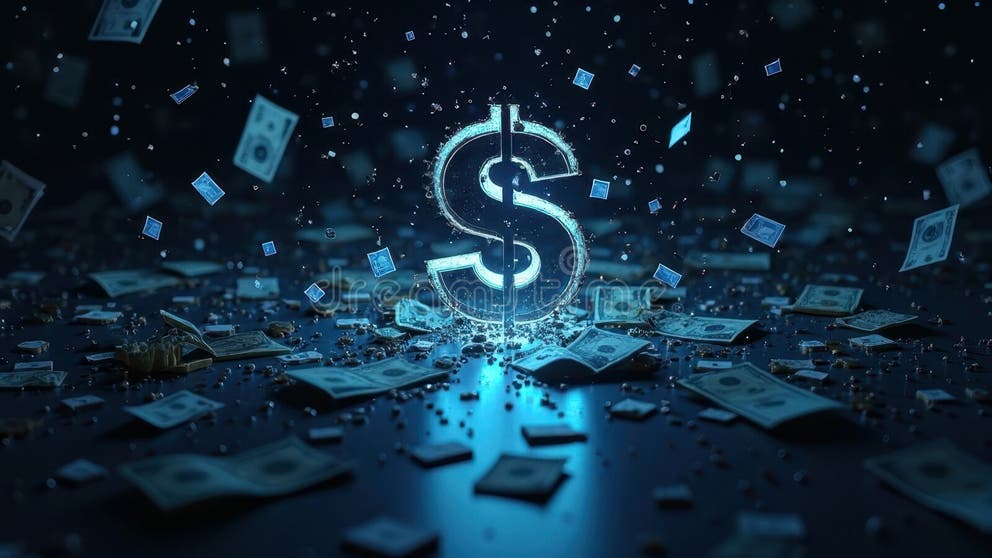 Glowing Dollar Symbol among Falling Currency Notes in Night Setting ...