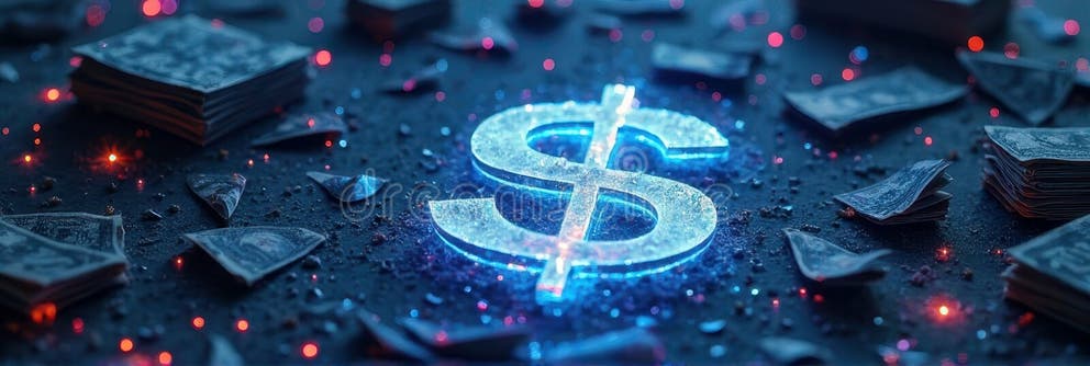 Glowing Dollar Symbol Surrounded by Falling Banknotes in Dim Light ...
