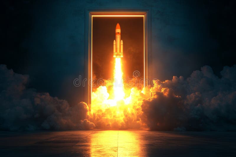 Glowing Door Opening To Reveal Rocket Launch in Dramatic Scene Stock ...