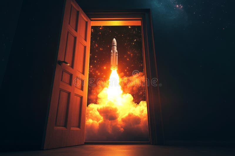 Glowing Door Opens To Reveal Rocket Launch in Cosmic Background Stock ...