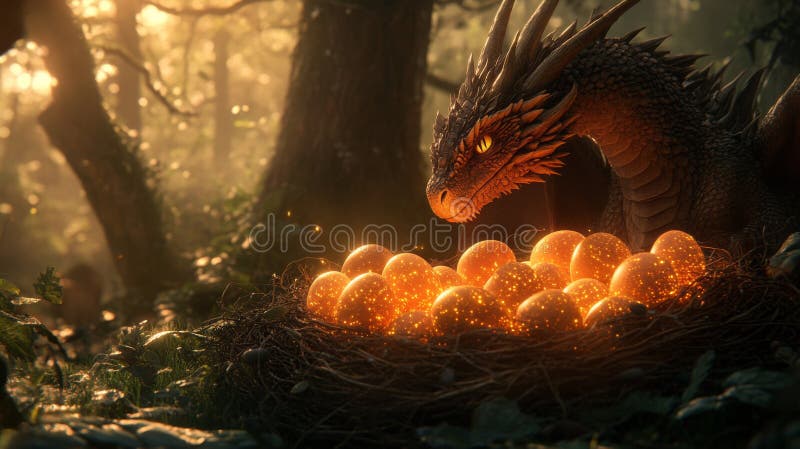 Glowing Dragon Guarding Eggs in Dark Forest Stock Illustration - Illustration of sunrise ...