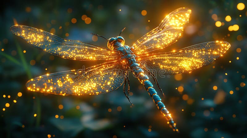 Glowing Dragonfly with Illuminated Wings in Flight, Magical Fantasy Stock Illustration ...