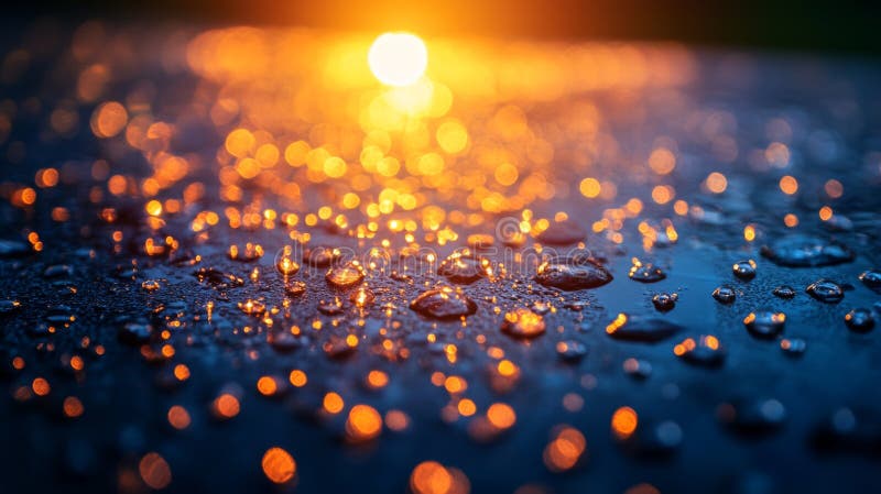 Glowing Droplets of Water on a Surface As the Sun Sets, Casting a Warm ...
