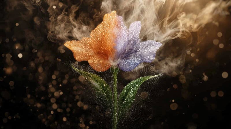 Glowing Dual-toned Flower with Droplets and Ethereal Smoke Stock Photo ...