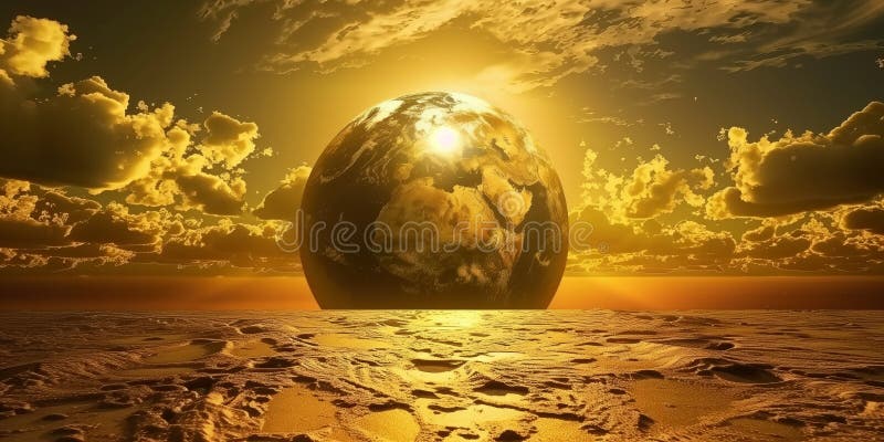 Glowing Earth Emerging from a Golden Desert Under a Dramatic Sky with ...