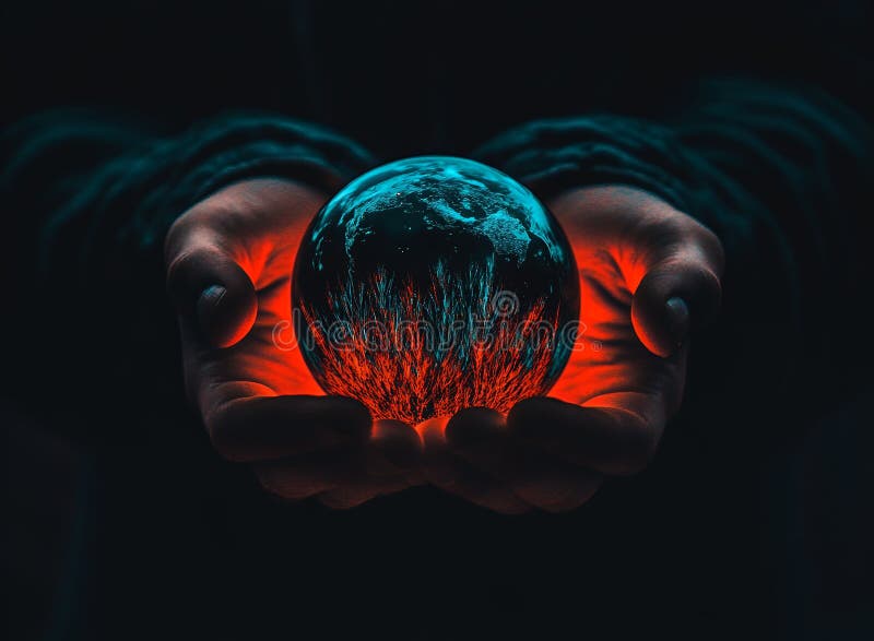 Glowing Earth Globe Held in Hands Dark Background Red Blue Light Power ...