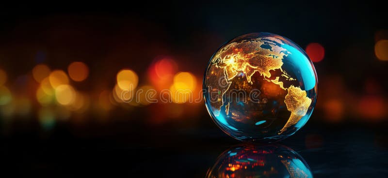 Glowing Earth Globe with Illuminated Continents Against a Blurred ...