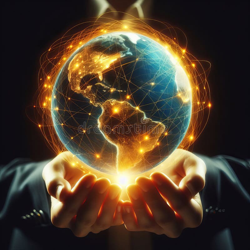Glowing Earth Held in Hands with Digital Connections Stock Image ...