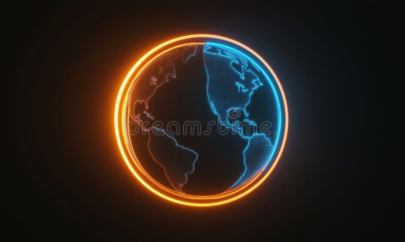 Glowing Earth with Neon Orange and Blue Outline on Dark Background ...