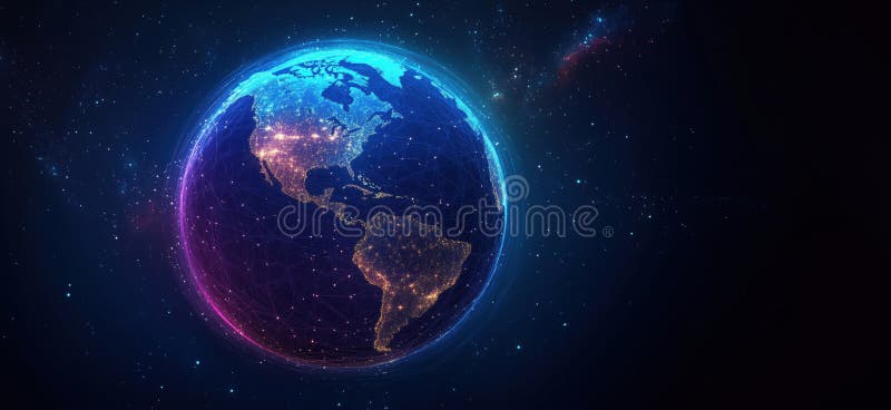 Glowing Earth with Network Connections and Stars in Space, Depicting ...