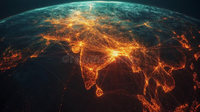 Glowing Earth at Night with City Lights Network Stock Illustration ...