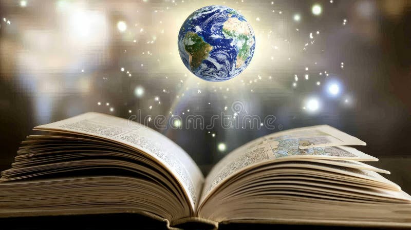 Glowing Earth Rising from Open Book, Knowledge, Discovery Stock Image ...