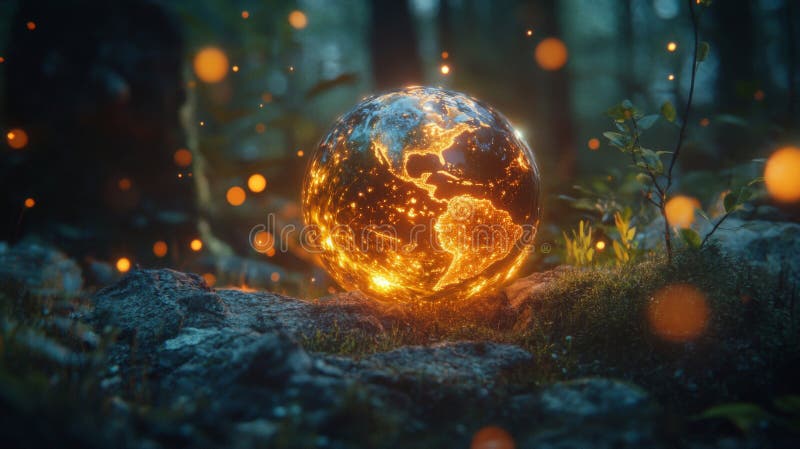 Glowing Earth Sphere in Dark Forest at Night Stock Illustration ...