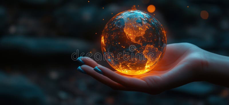 Glowing Earth Sphere Held in Hand with Fiery Elements and Cosmic ...