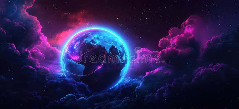 Glowing Earth Surrounded by Cosmic Clouds and Stars in Vibrant Colors ...