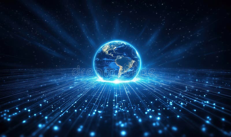 Glowing Earth Surrounded by Digital Light Rays and Stars in Cosmic ...