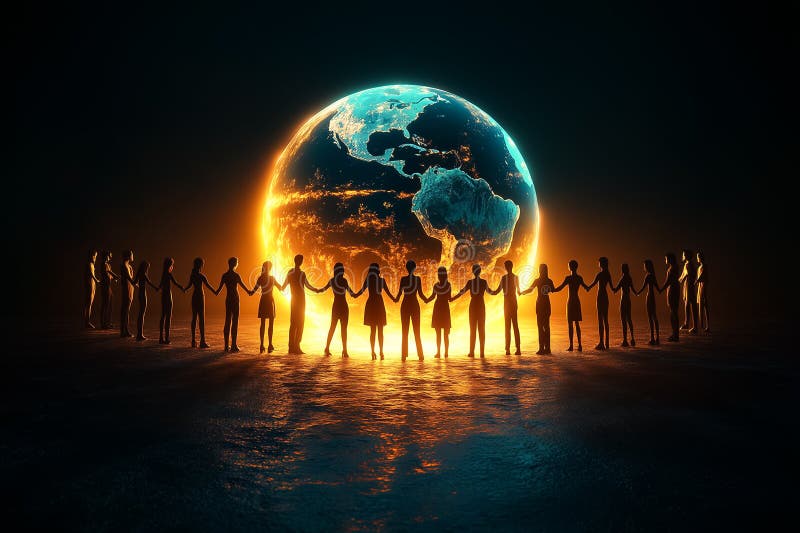 A Glowing Earth Surrounded by People Holding Hands, Symbolizing Unity ...