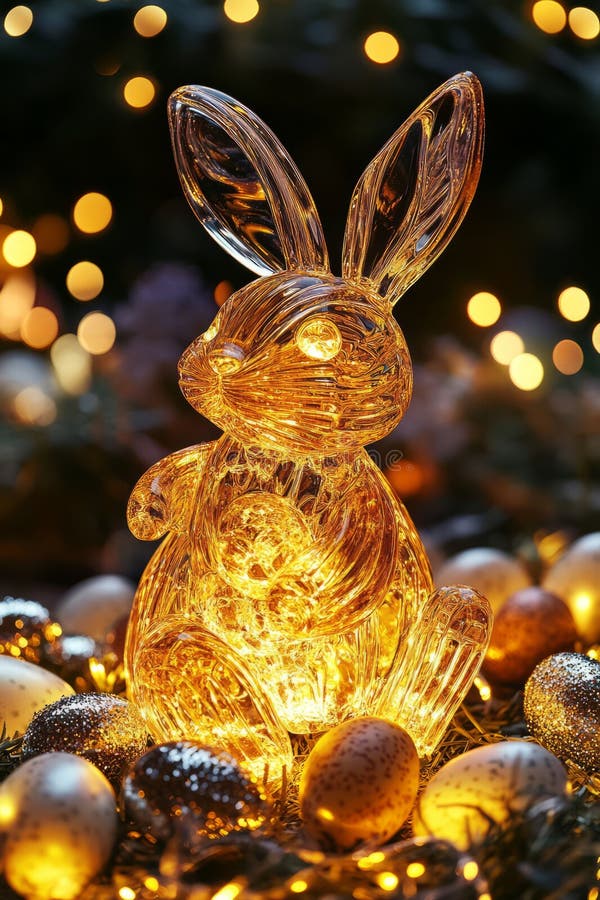 A Glowing Easter Bunny Made of Translucent Glass, Illuminated by a Warm ...