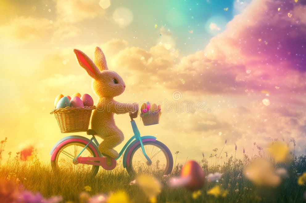 A Glowing Easter Bunny Riding a Rainbow-colored Bicycle, with a Basket ...