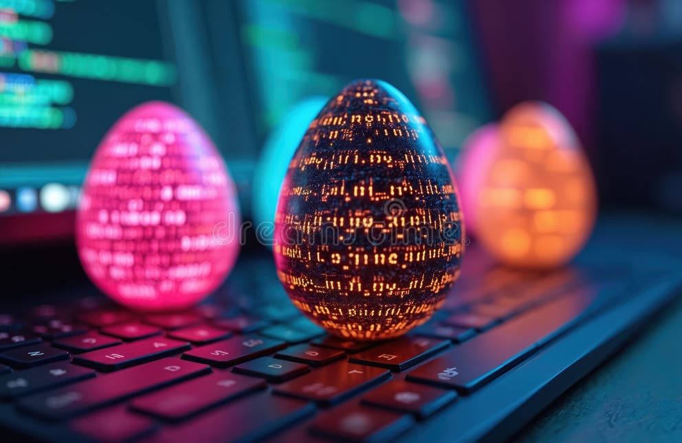 Glowing Easter Eggs with Digital Code Patterns on Programmer Workspace ...